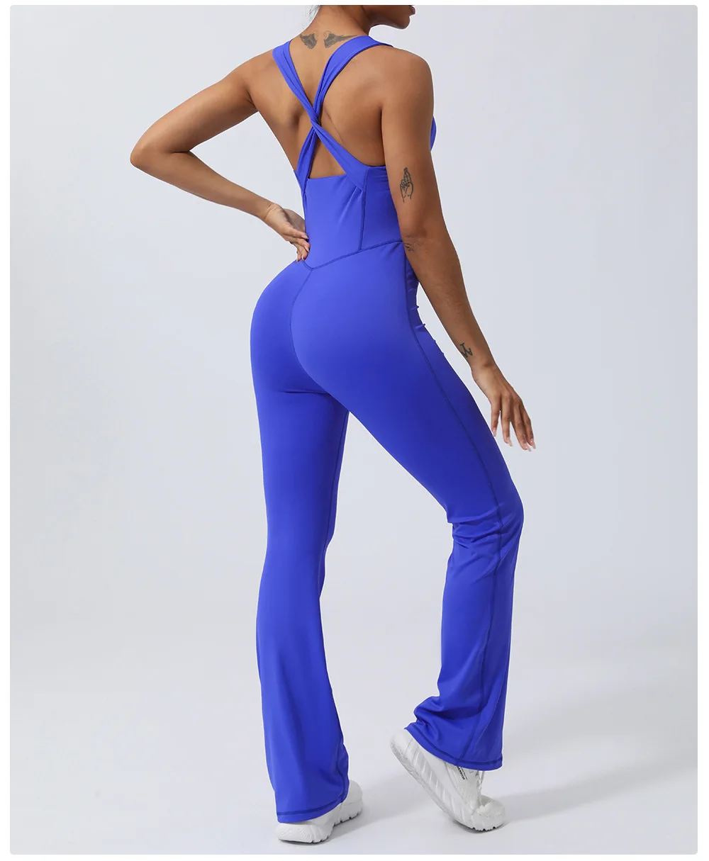 One Piece Yoga Suit Cross Back Beauty Back Sports Fitness Flare Jumpsuits Bodysuit For Women