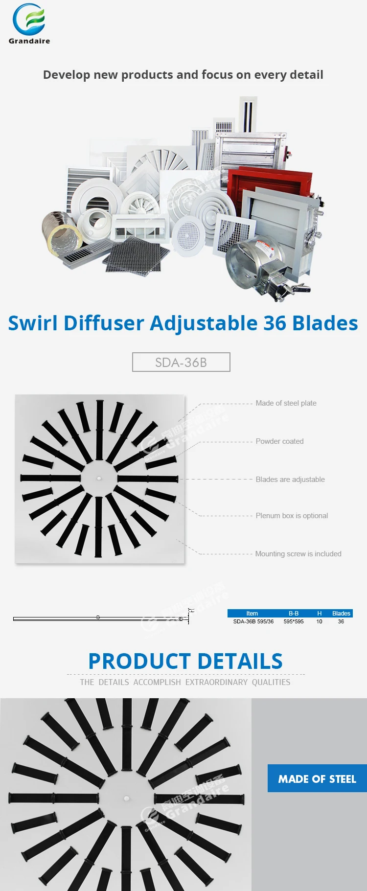 Galvanized Steel Adjustable 32 Metal Blades Swirl Air Ceiling Diffuser ...