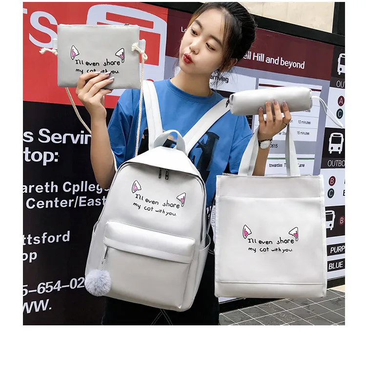 Stylish Cat Print Backpack Set for Women - Waterproof School Bag with ...