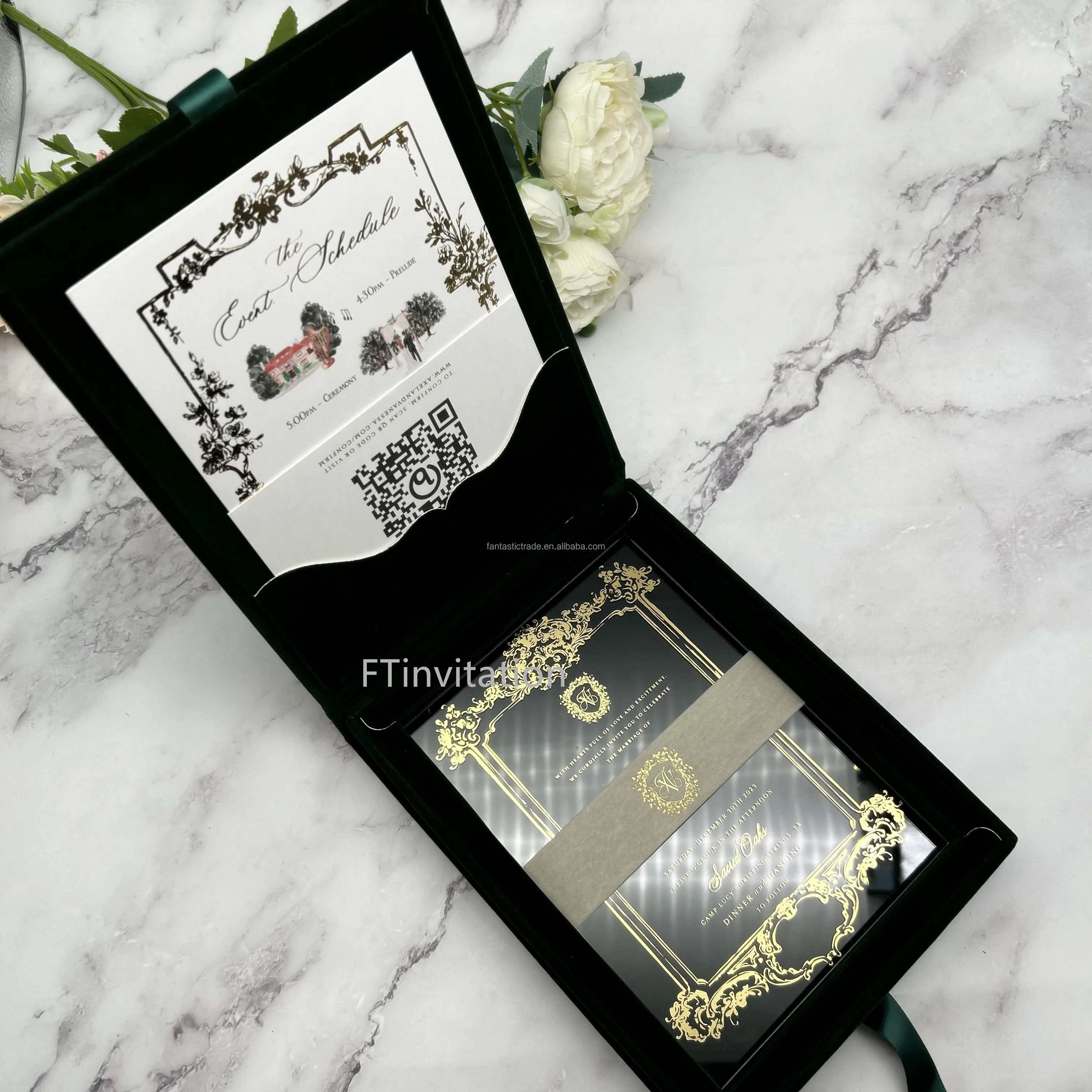 Personalized Gold Foil Clear Acrylic Cards Dark Green Velvet Box ...