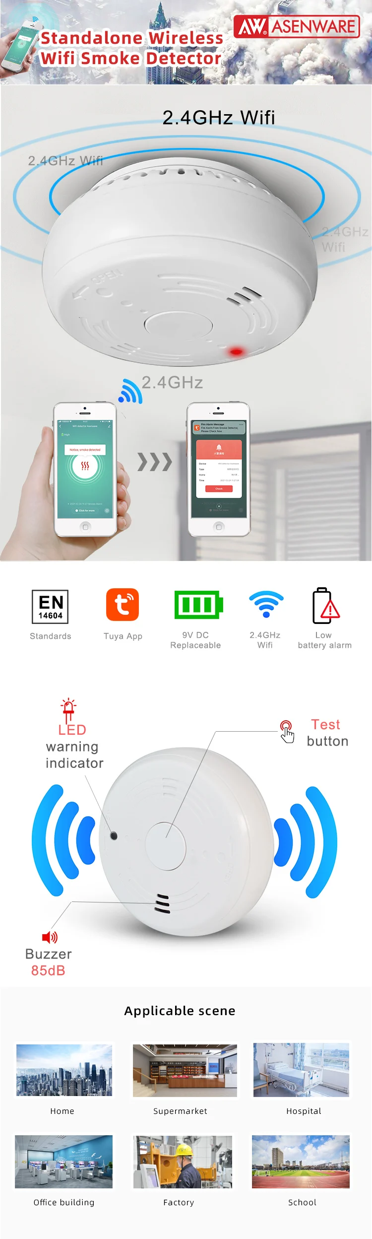 Asenware 9vdc Standalone Wireless Wifi Smoke Detector Sensor Fire Alarm ...