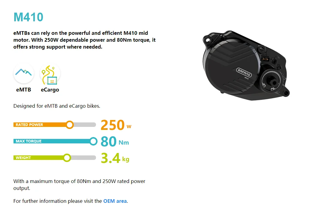 Bafang M410 250W Mid Drive Motor Kit for eMTB & eCargo - 80N.m Torque ...