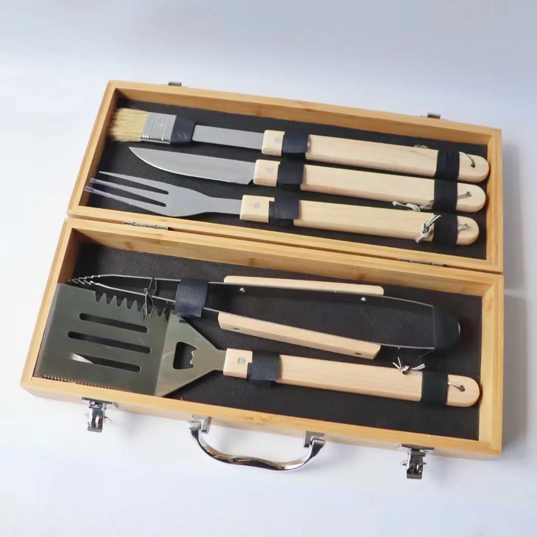 Household Outdoor Portable 5pcs Barbecue Cooking Utensils Wooden Handle ...