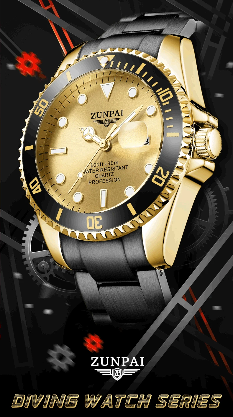 ZUNPAI Men's Waterproof Sports Watch - Stainless Steel Analog Diving ...