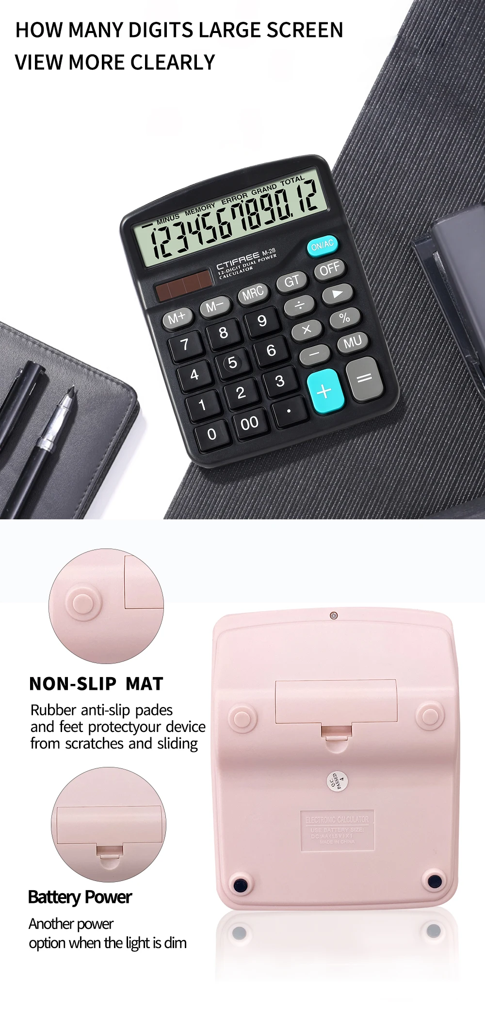 12-Digit Dual Power Handheld Desktop Plastic Calculator Large LCD ...