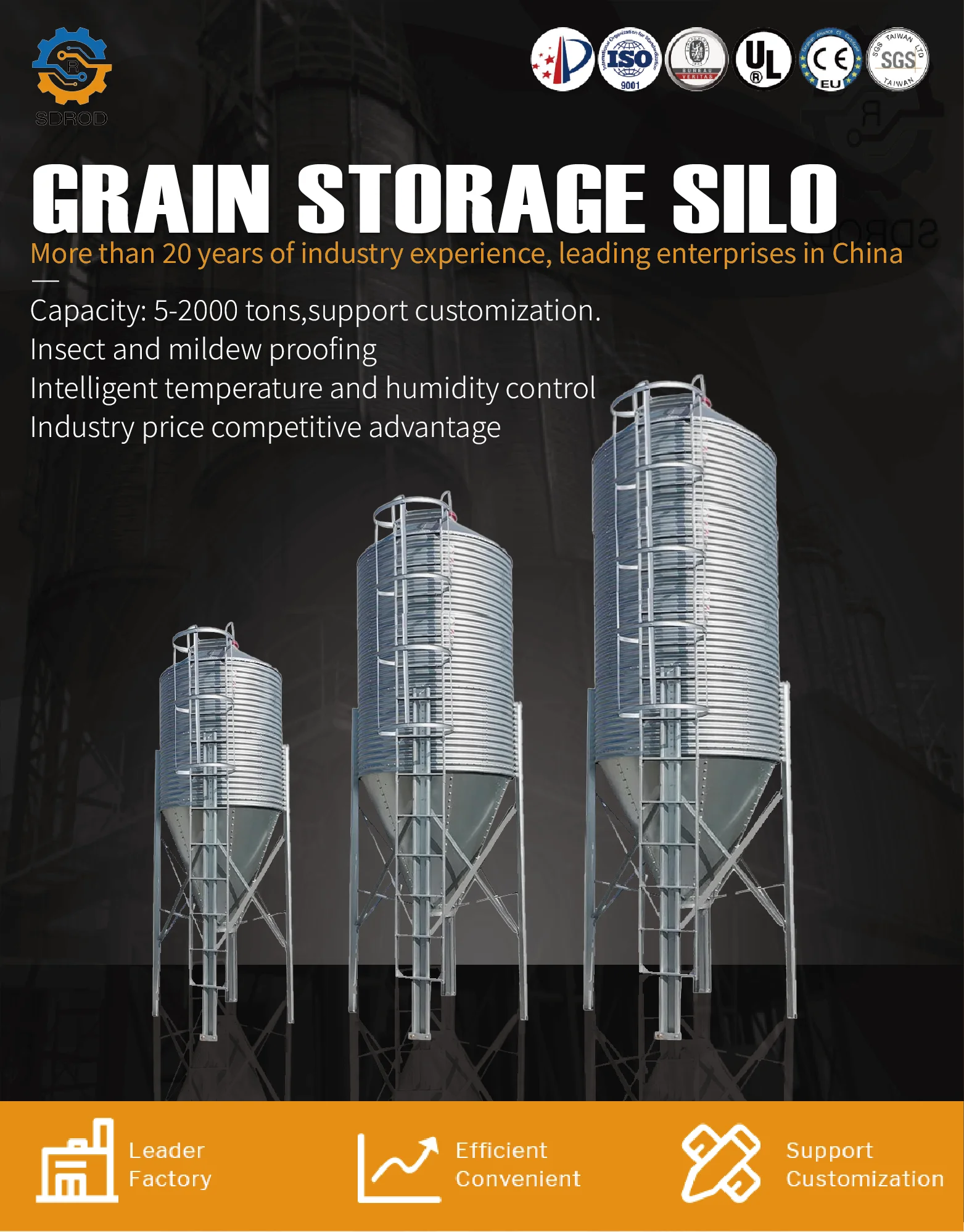 SDROD 20ton-1000ton Grain Storage Silo Jacks Erecting Rice Flour Husk ...
