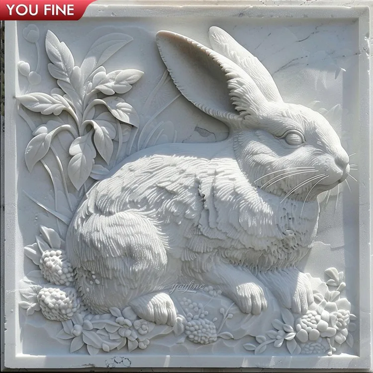 Outdoor Wall Decor - Large Marble Relief with Rabbit Carving