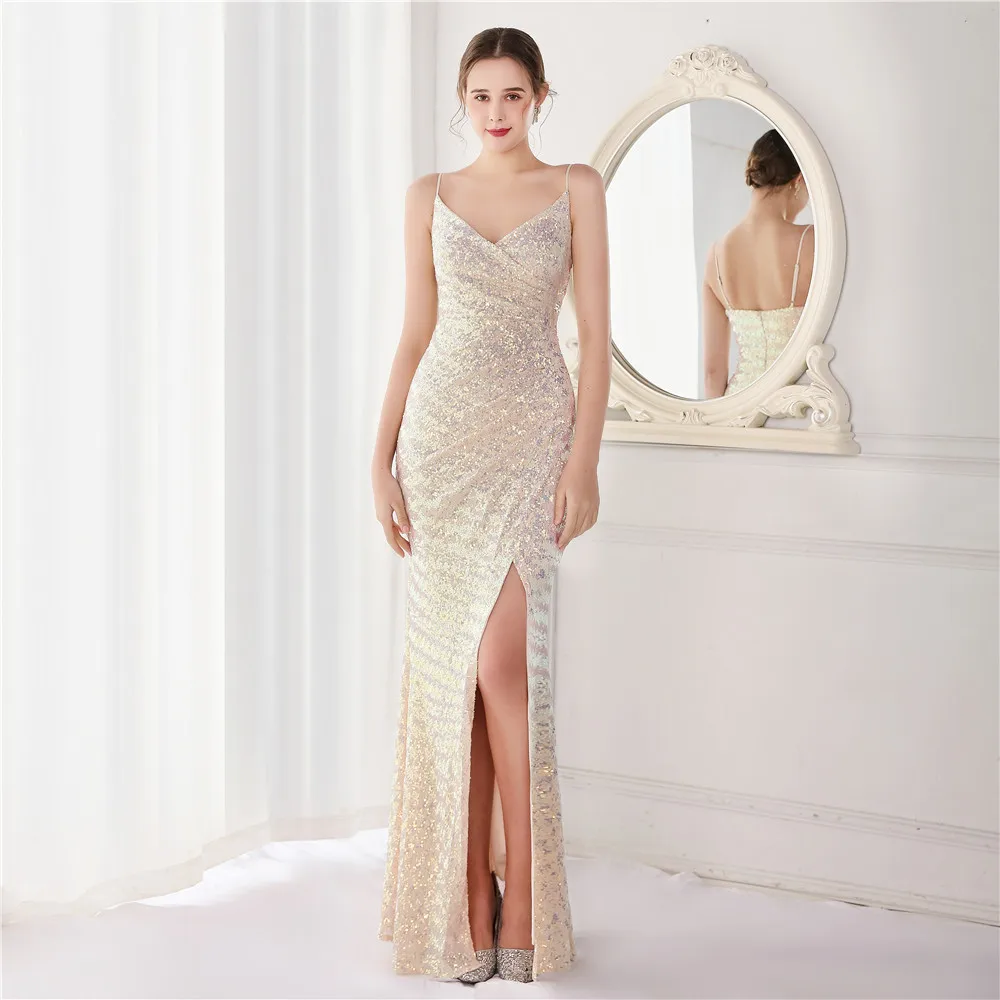 Woman Sequin Gold Prom Dress 2024 Evening Gowns Sexy High Split Open ...