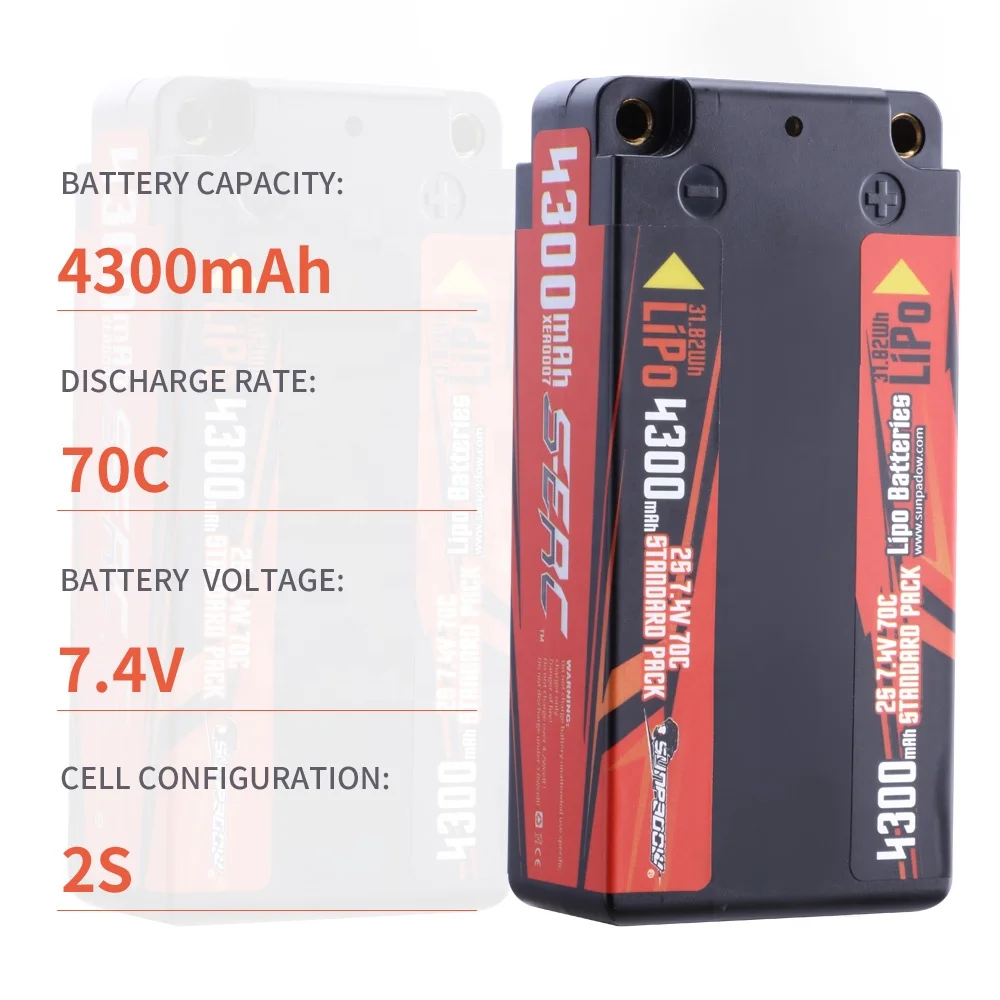SUNPADOW 7.4V 2S Lipo Battery - 4300mah 70C for RC Vehicles
