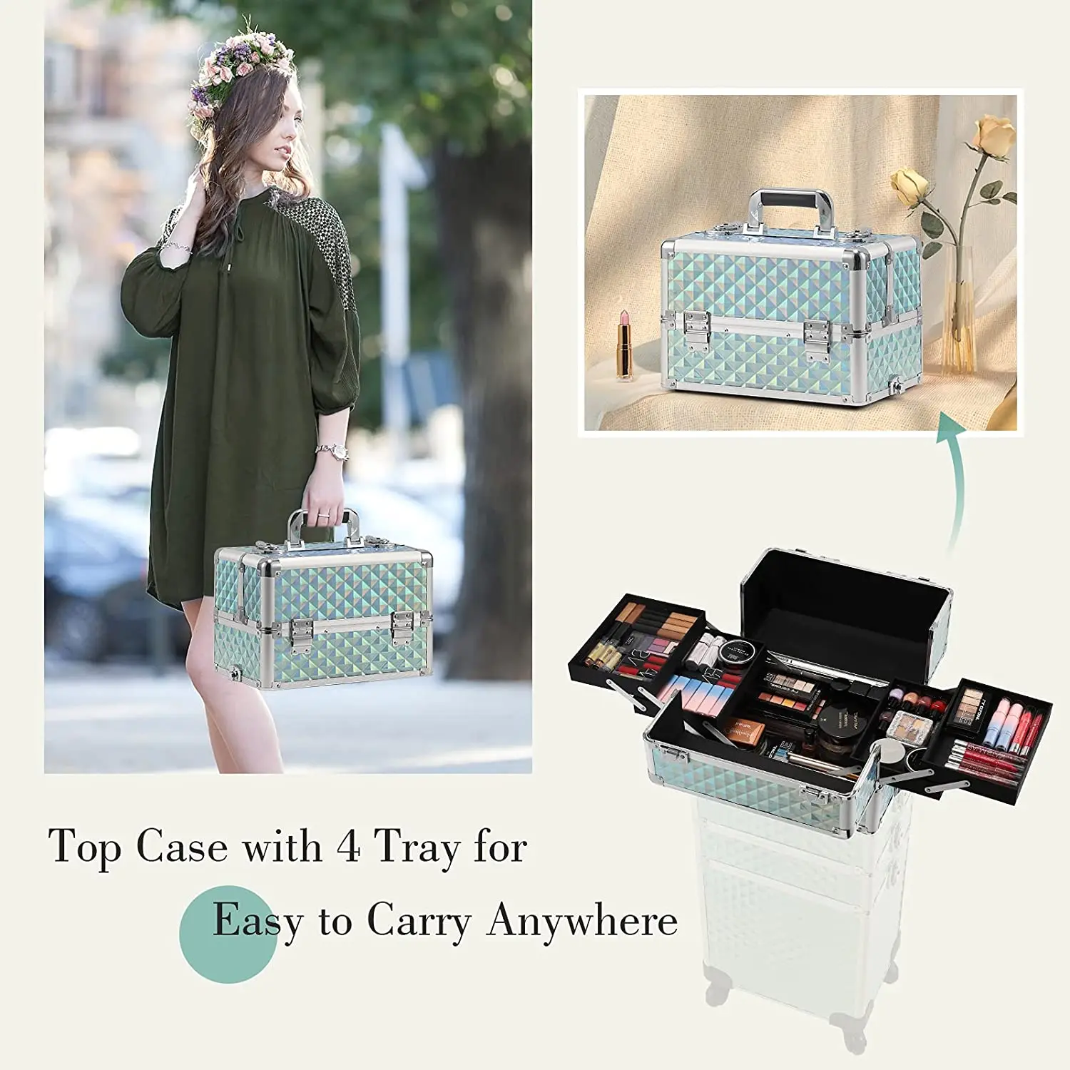 Large Capacity Rolling Makeup Train Case Fashionable 4-in-1 Trolley ...