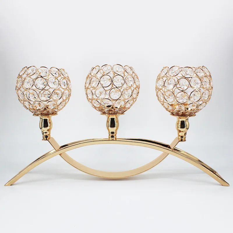 3 Arms Crystal Gold Metal Geometric Candle Holder Candle Stand Wedding ...
