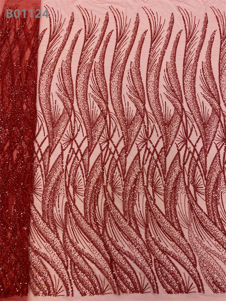Hot Selling Shiny Red Beads Embroidered Lace Fabric For Bridal Mesh ...