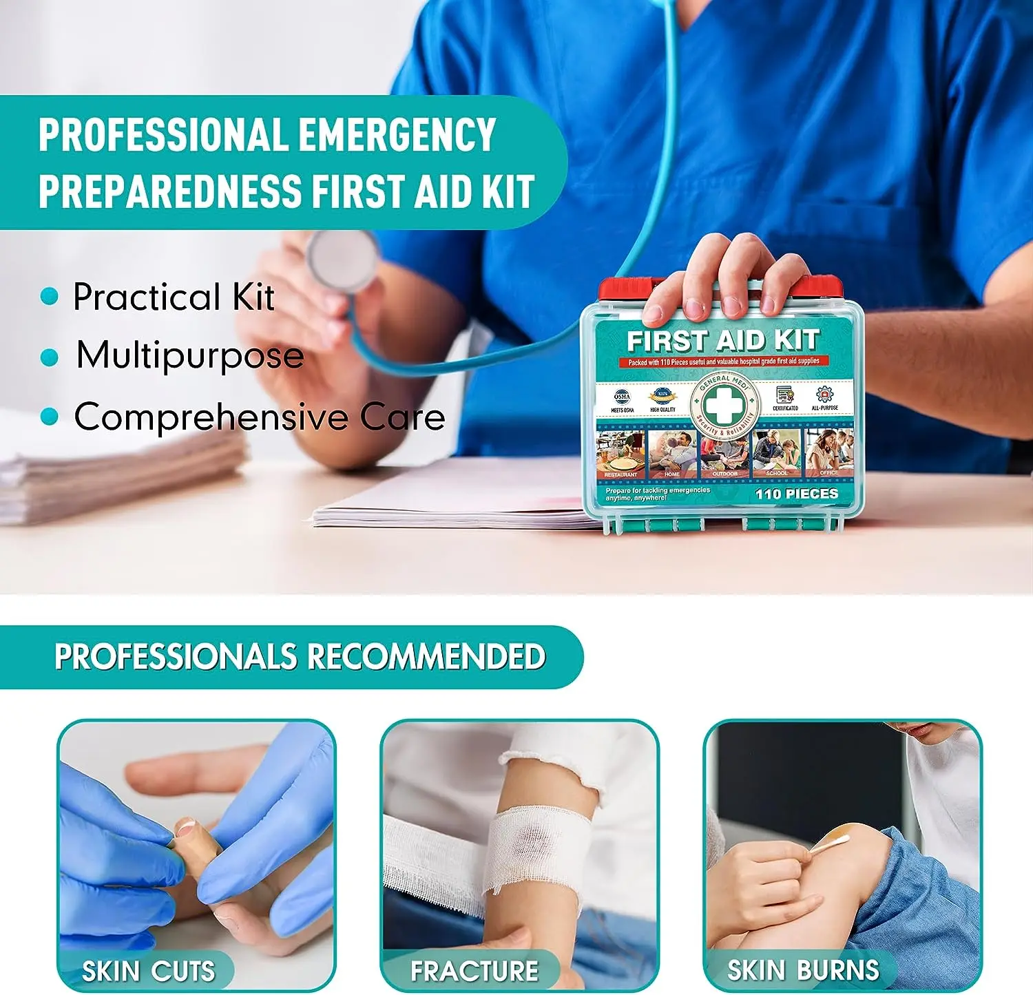 110 Piece Emergency Medical First Aid Kit Compact First Aid Kit Box For ...