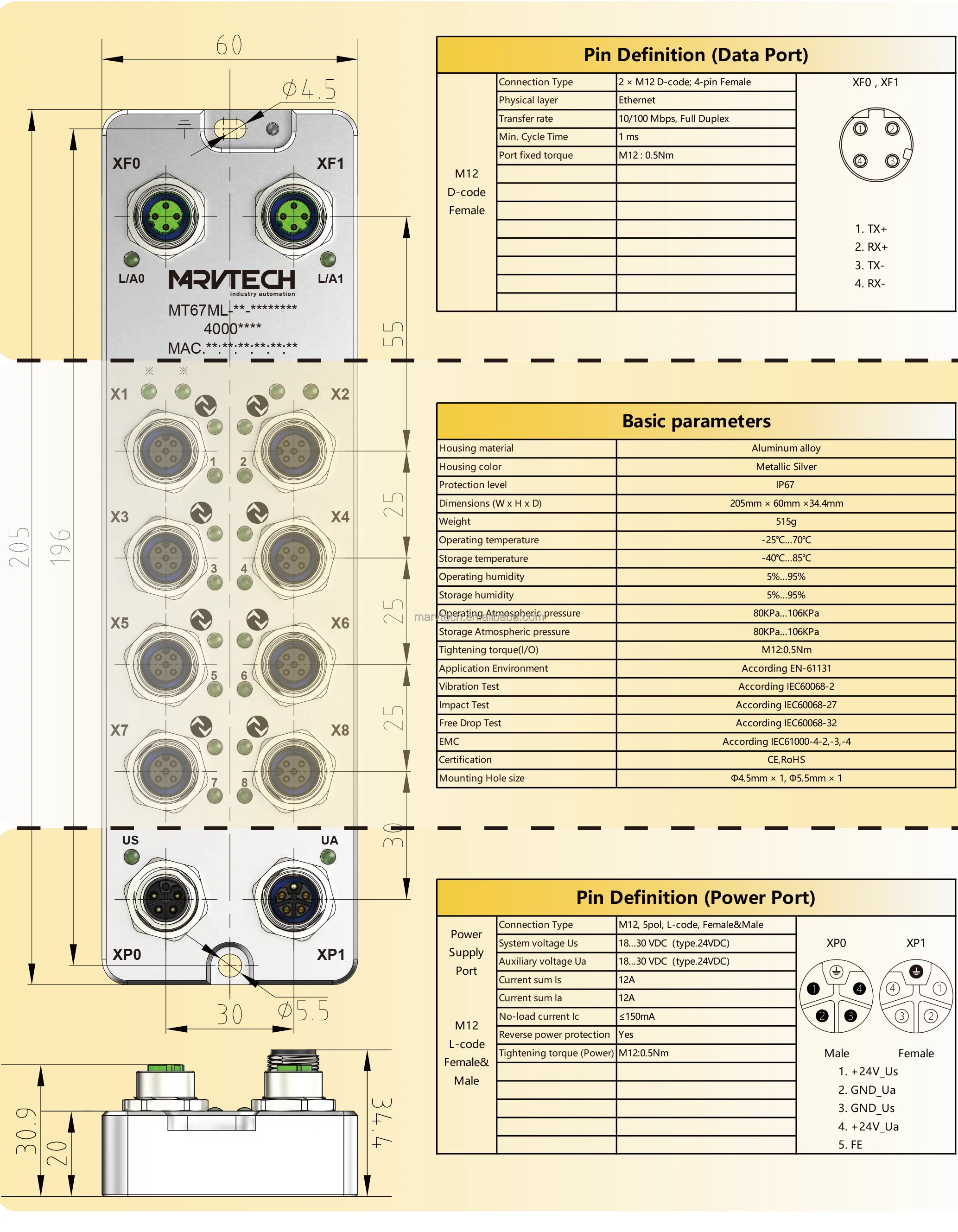 Marvtech-Módulo maestro M12 IO-LINK, protección IP67, dúplex completo ...