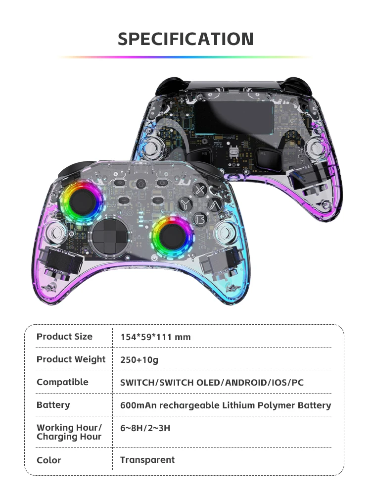 Ergonomic Rgb Light Switch Gamepad For Ns/switch Lite/oled & Pc Wireless Controller