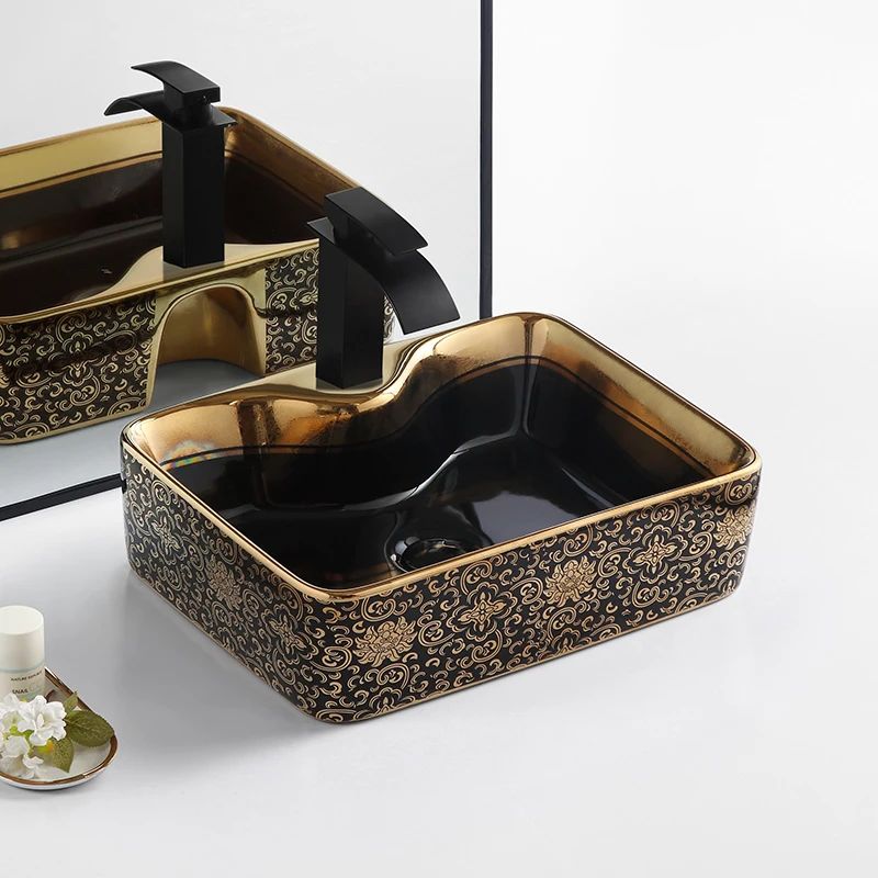 Modern Luxury Design Golden Pattern Washbasin Black And Gold Lavatory ...
