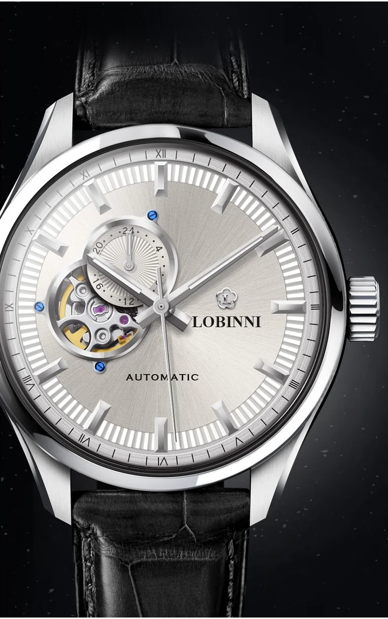 LOBINNI Brand Hollow Out Dial 24H Display Men's Automatic Movement ...