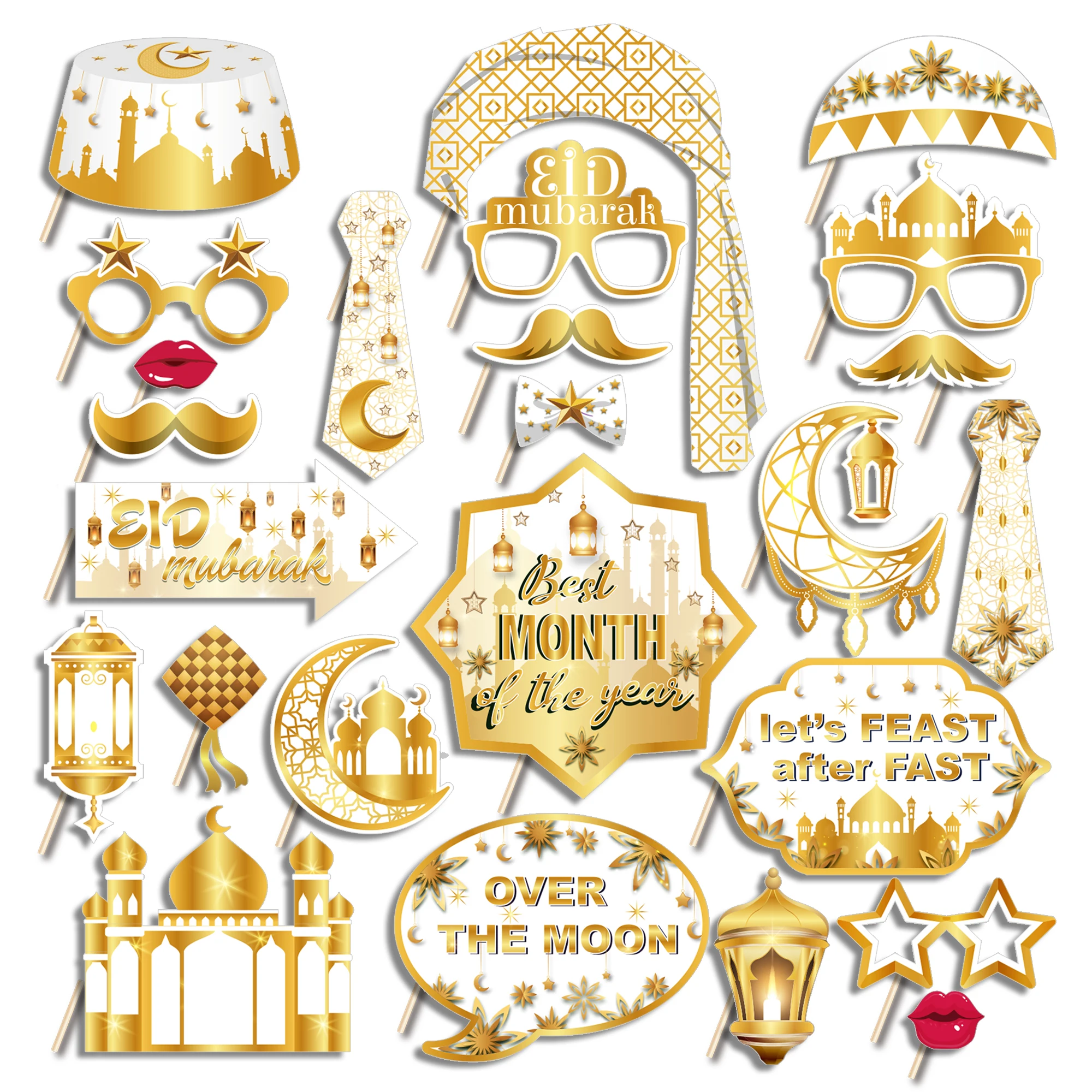 Pz279 Eid Mubarak Photo Booth Props White Gold Photo Props With Sticks ...