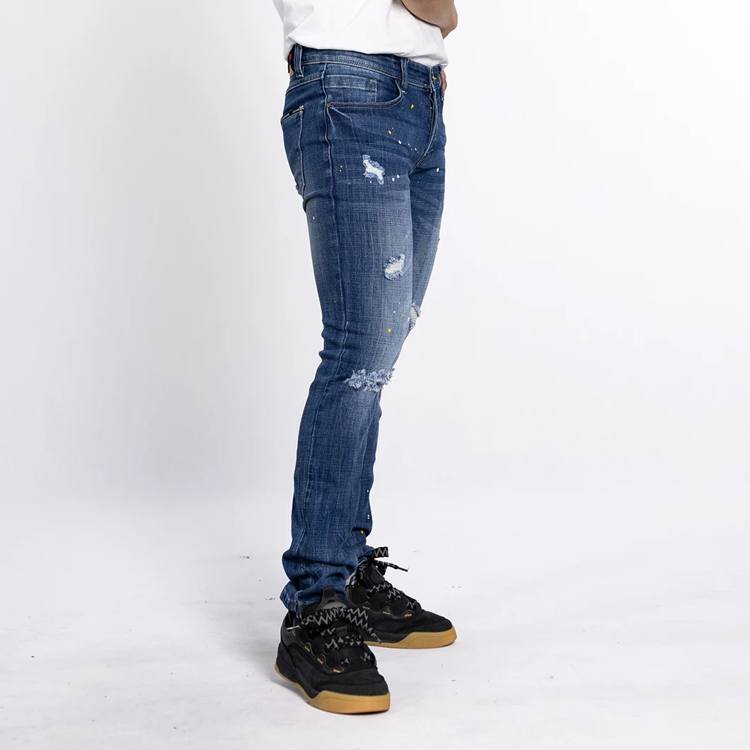 Blue Denim High Quality Dip Ripped Slim Jeans Men Designer High Street ...