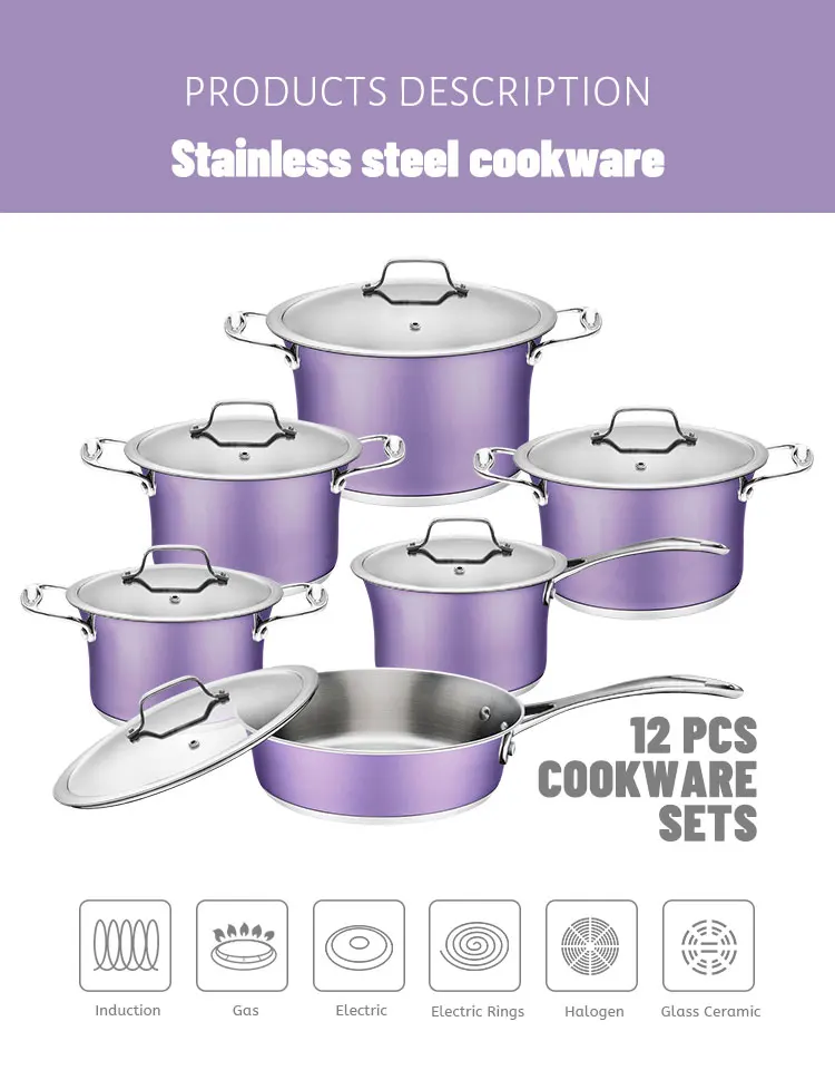 Luxurious And Stylish Purple 12pcs Stainless Steel Tulip Shape Cookware ...