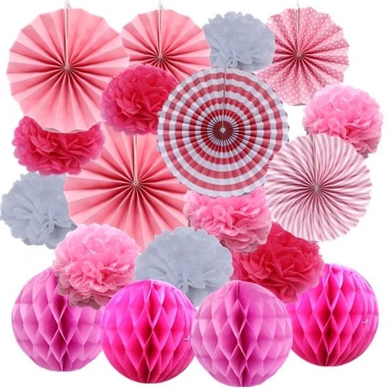 19pcs Pink Paper Party Decorations Assorted Hanging Paper Fans ...