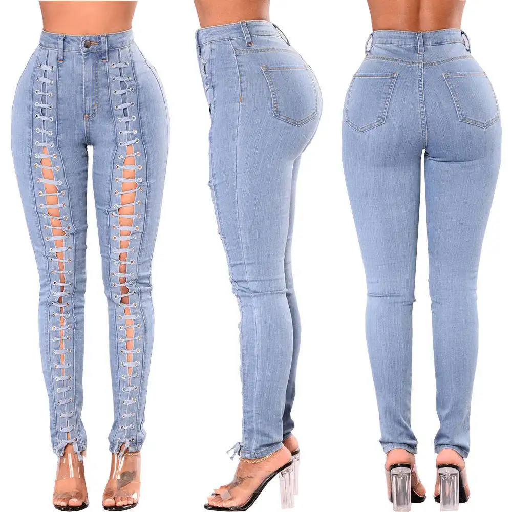 Wholesale Custom Women Elastic Stretch Jeans High Waist Solid Color ...