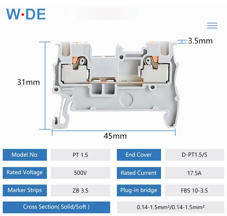 Din Rail Terminal Block Pt-1.5 Electrical Wire Spring Connection Push ...