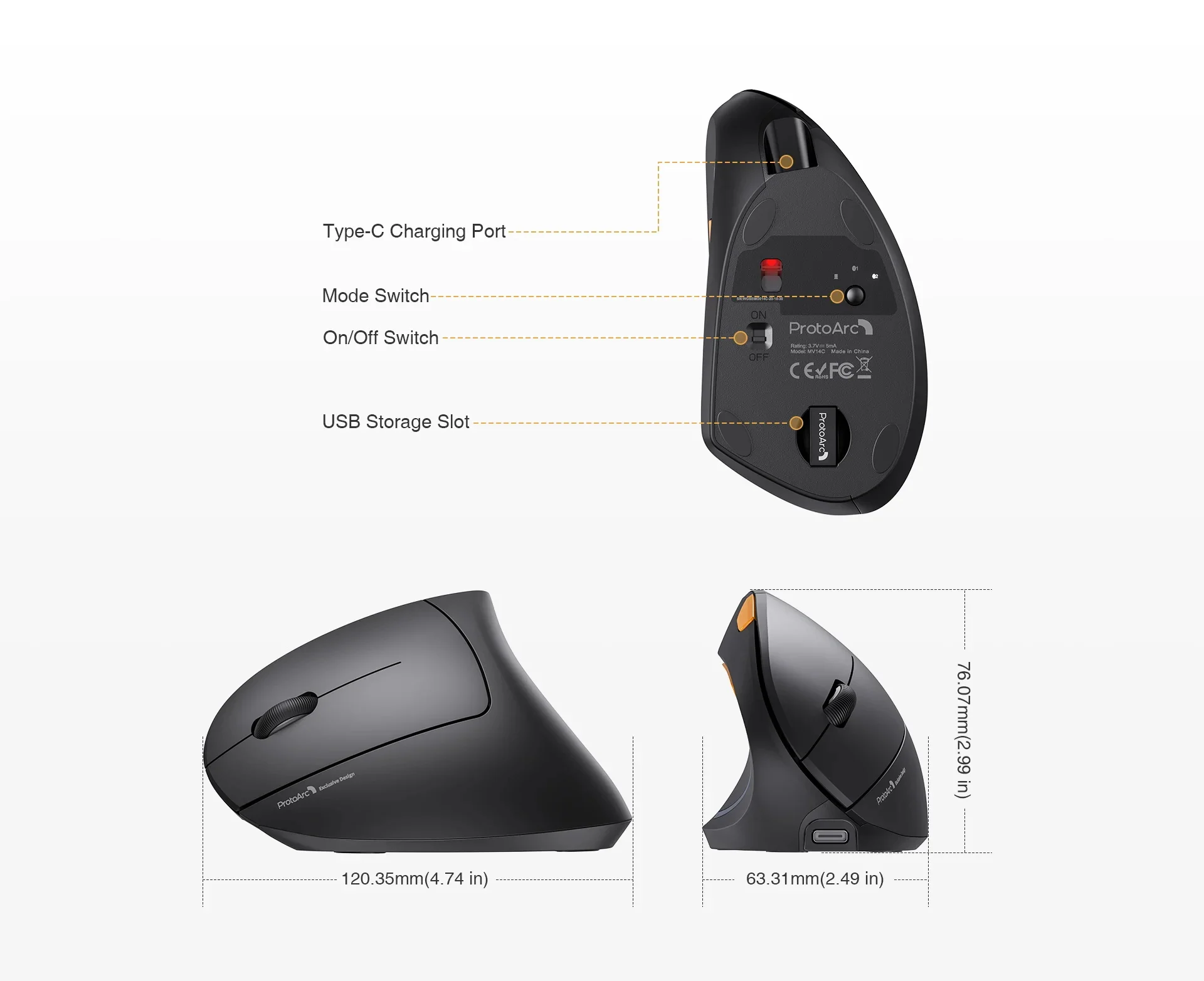 Protoarc Rechargeable Bt Mouse For Left Hand 2.4g Usb Mice For Computer ...