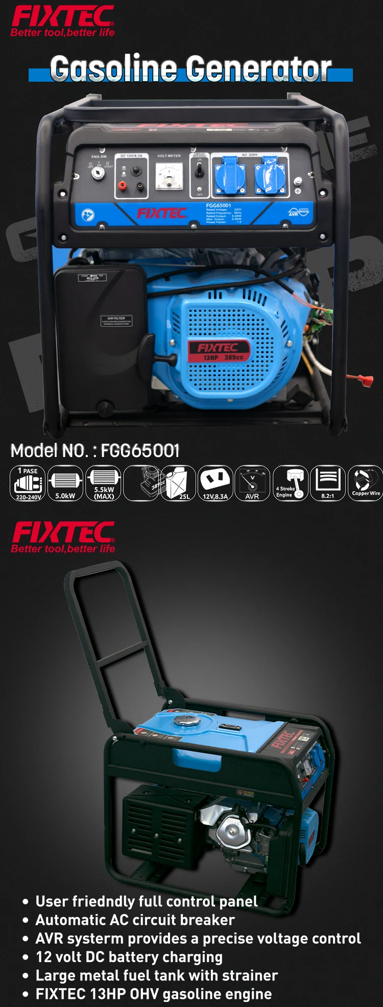 Fixtec Fgg65001 5000w Gasoline Generator 12v Inverter Gasoline ...