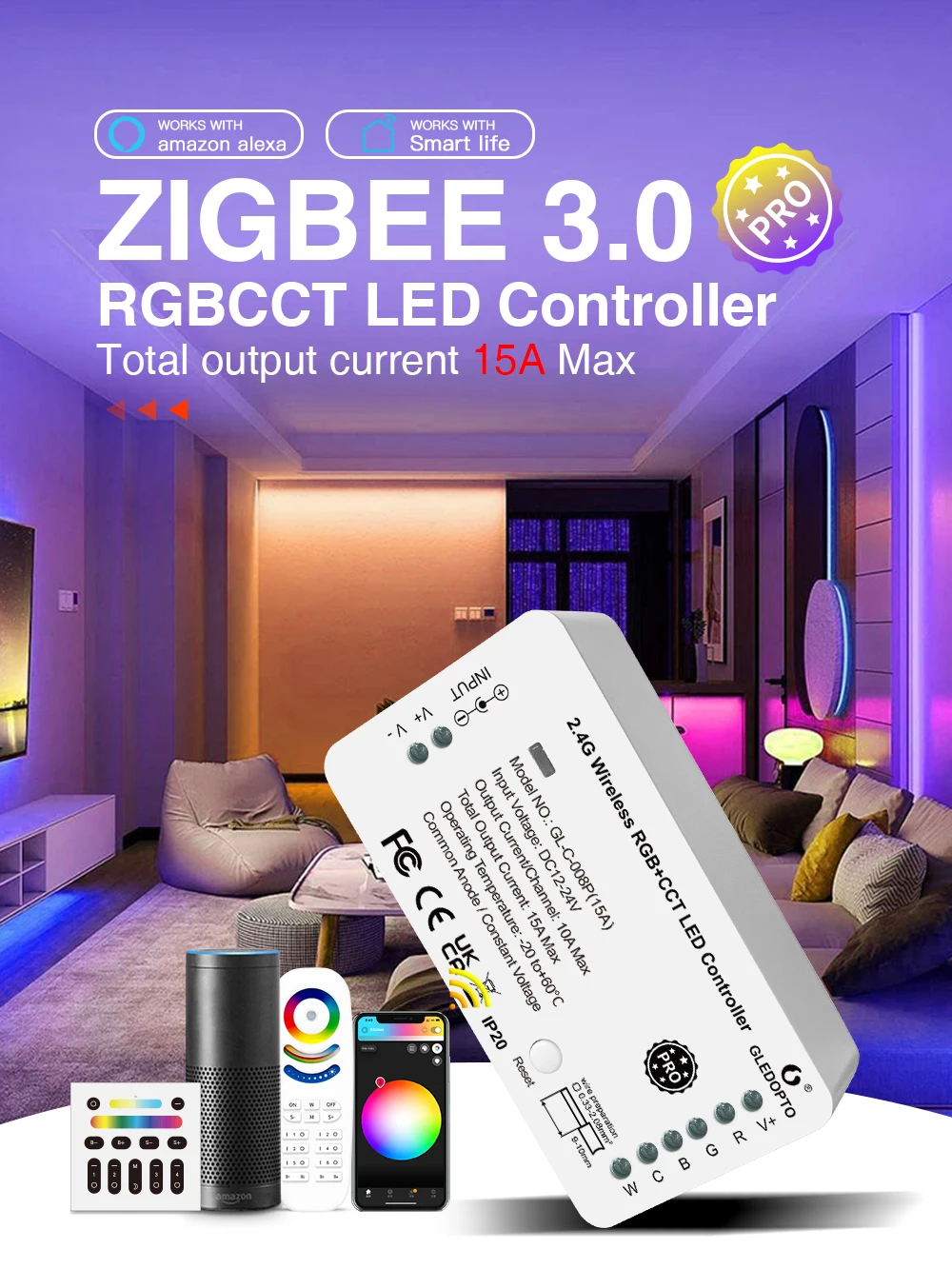 Gledopto Smart Home 15a Spiral Wiring Led Strip Light Cct Tunable Zigbee 3.0 2.4g Wireless Rgb ...