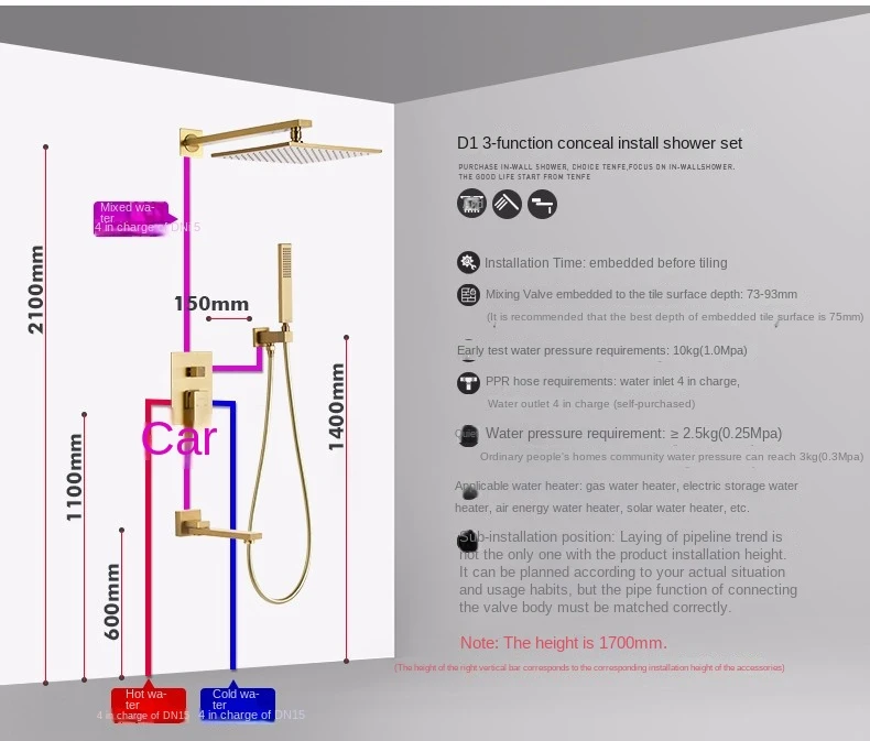 Luxury CUPC Fashion Brass Concealed Shower Waterfall Rain