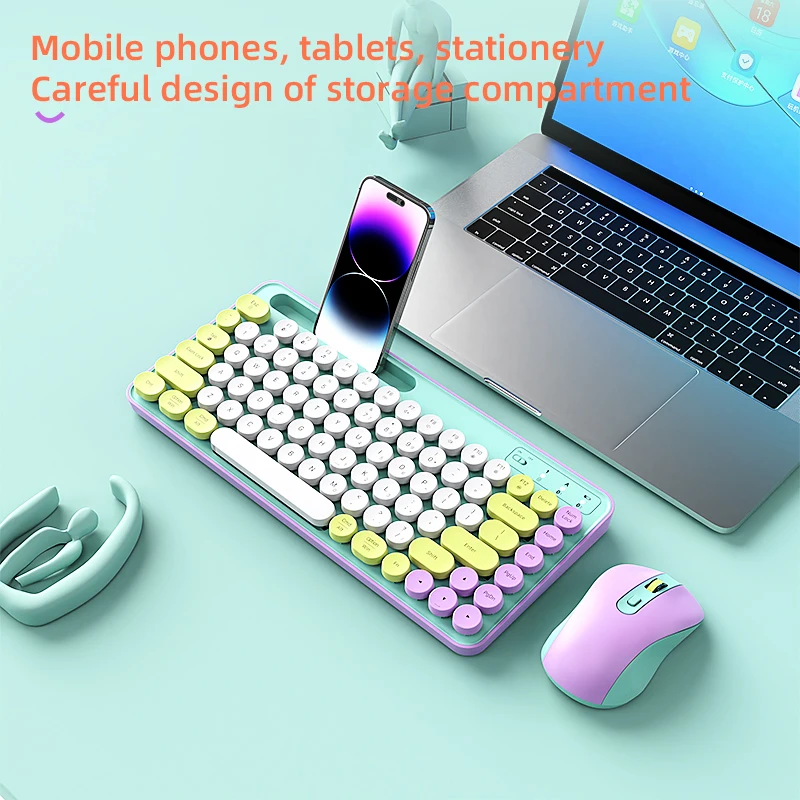 Mini Cute Wireless Keyboard And Mouse Combo Retro Round Keycap Typewriter Colorful Keyboard With