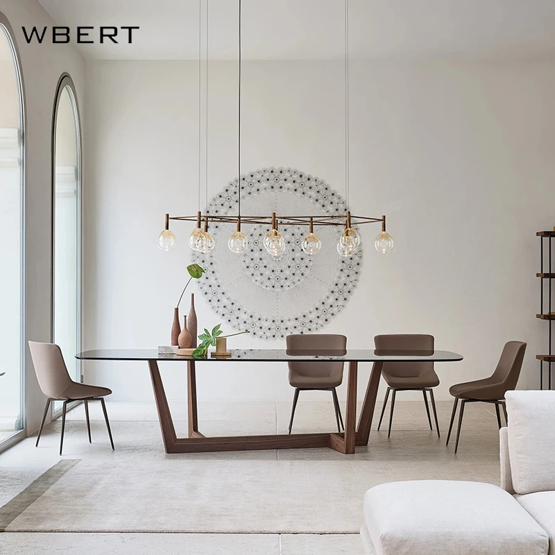 WBERT Nordic Solid Wood Dining Table with Tempered Glass Simple Rectangular Marble Table for ...