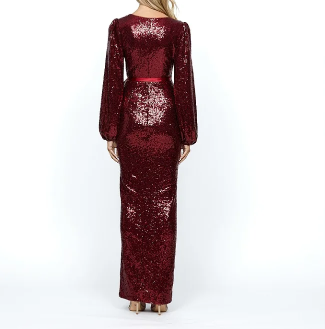 Luxe Sequin Wrapped Neckline Voluminous Long Sleeves Evening Dress With ...