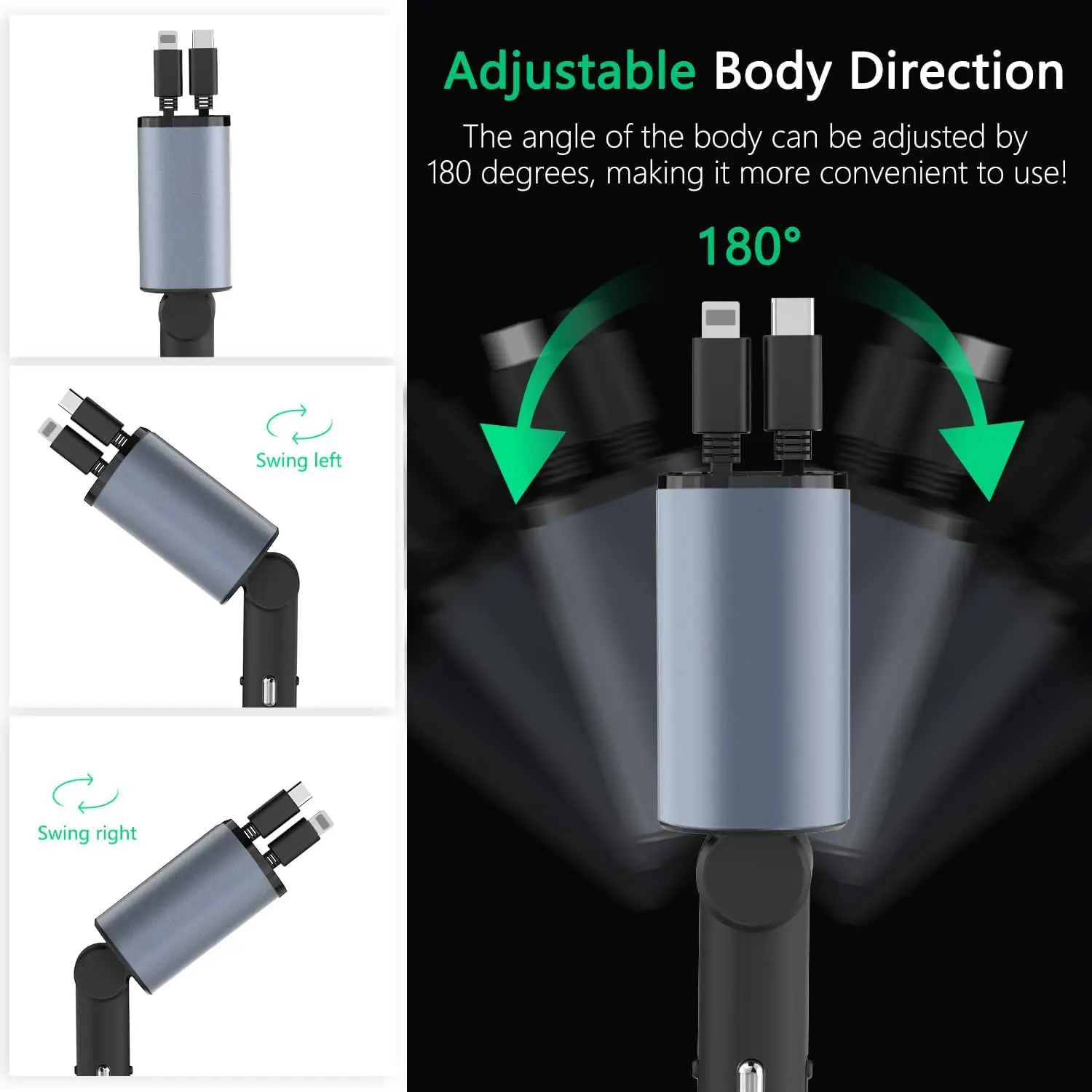 4 In 1 Car Fast Charger For Iphone And Type C Retractable Cables And 2 ...