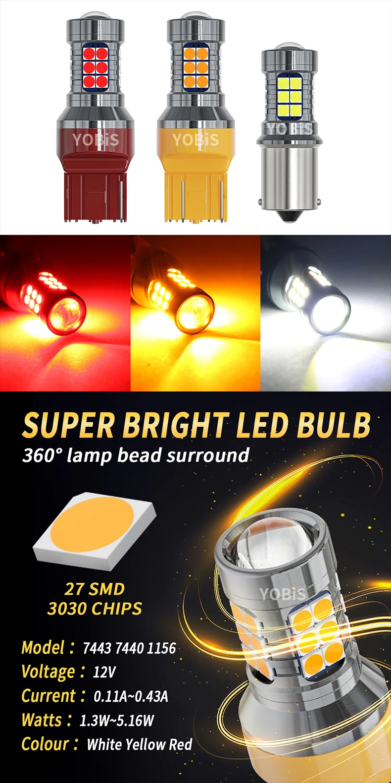 YOBIS 3030 27smd Car Led Light W21/5w W21w 1156 1157 Red Amber 7443 ...