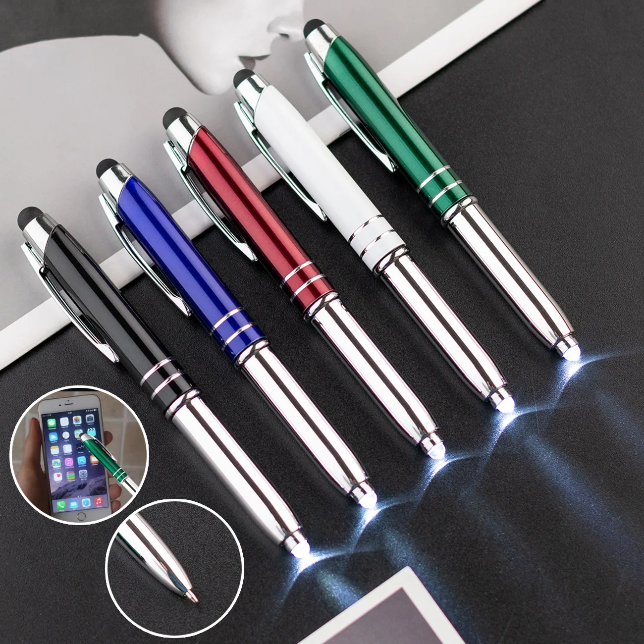 3 In 1 Led Ballpoint Pen Multifunctional Led Light Lighting Up Bright Laser Logo Touch Screen ...