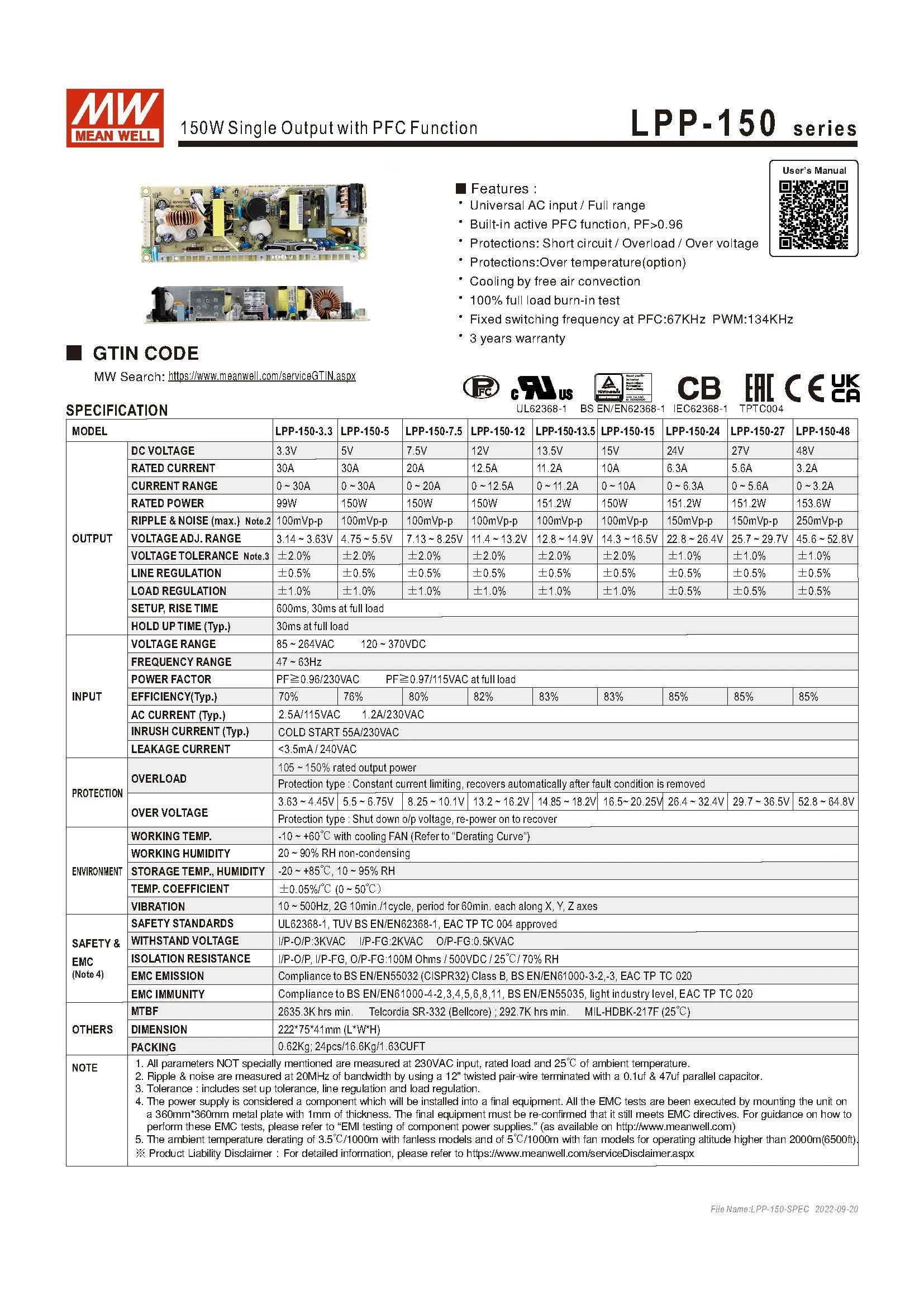 Lpp-150 Pfc Bare Board Power Supply Lpp-150-24v27v48v Lpp-150-27 Single ...