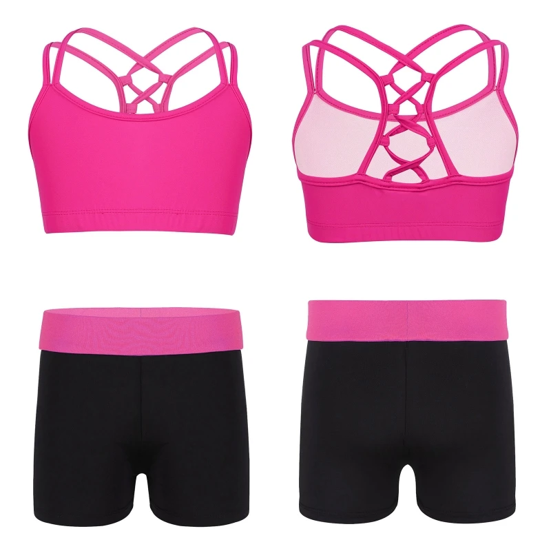 Kids Girls 2pcs Strappy Crop Top With Shorts Dance Wear Athletic ...