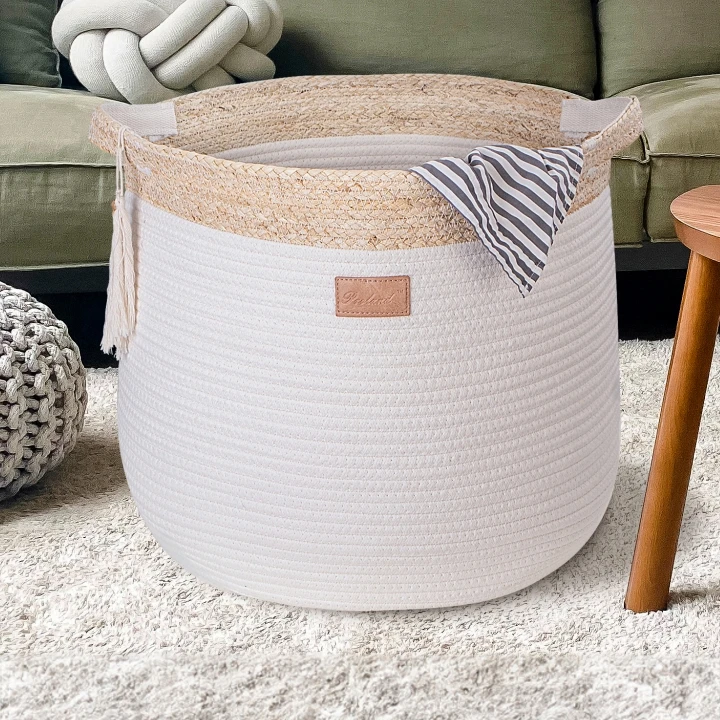 2024 Recycled Foldable Woven Cotton Rope Corn Husk Storage Basket ...