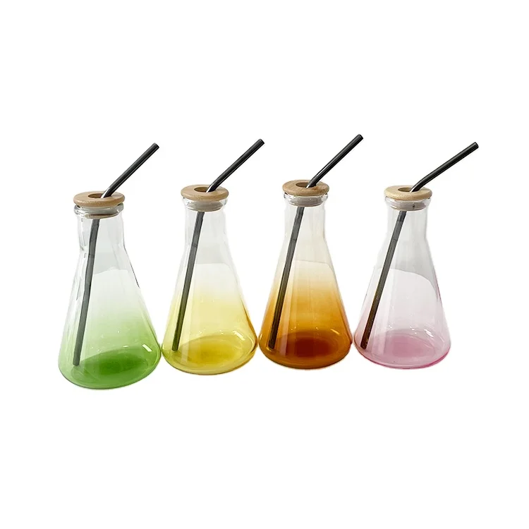 Triangle glass beaker drinking glass with bamboo lid and stainless ...