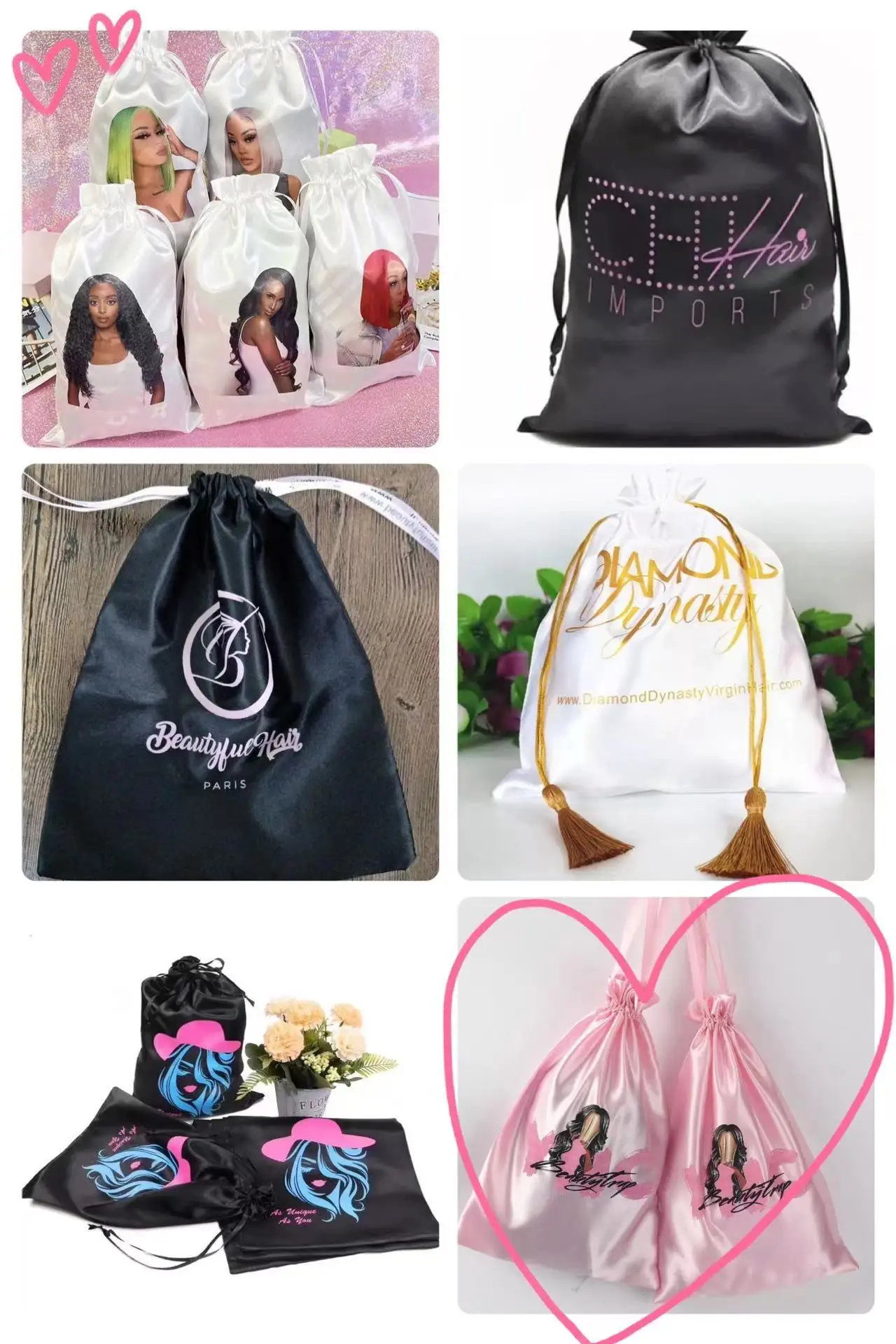 Custom Brand Logo Draw String Satin Bags Wig Extension Jewelry Hair ...