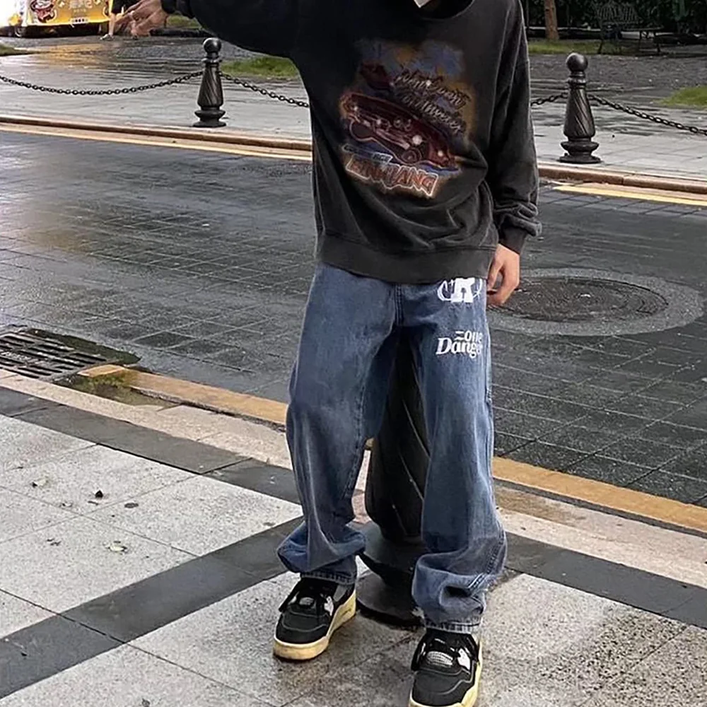 Custom Streetwear Letter Embroidery Blue Washed Denim Jeans