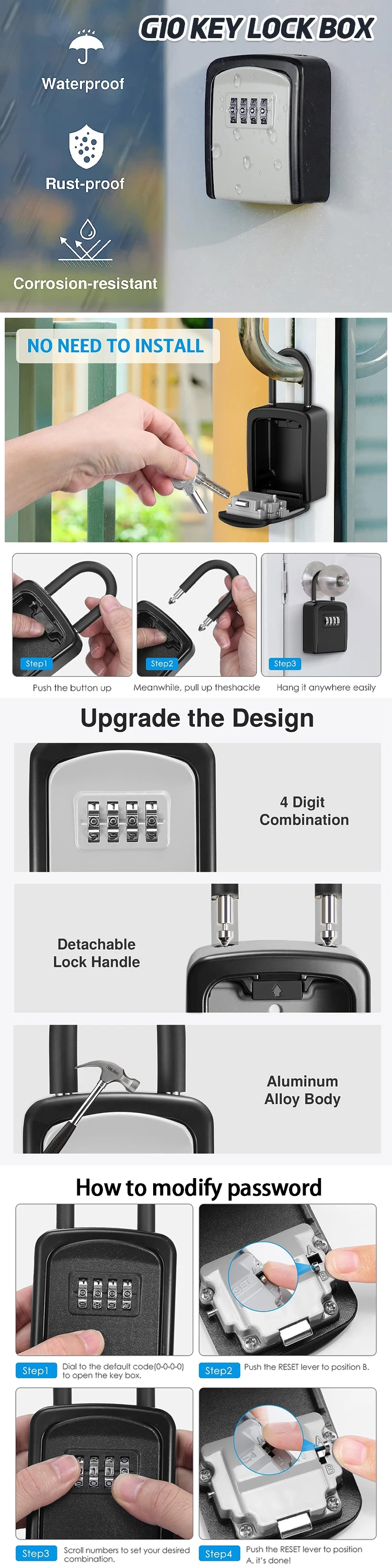 4 Digit Combination Lock Box For House Keys Wall Outdoor Storage ...