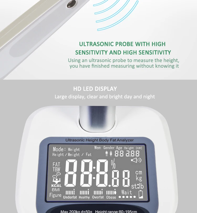 200KG Ultrasonic BMI Body Height Measure Weight Fat Scale