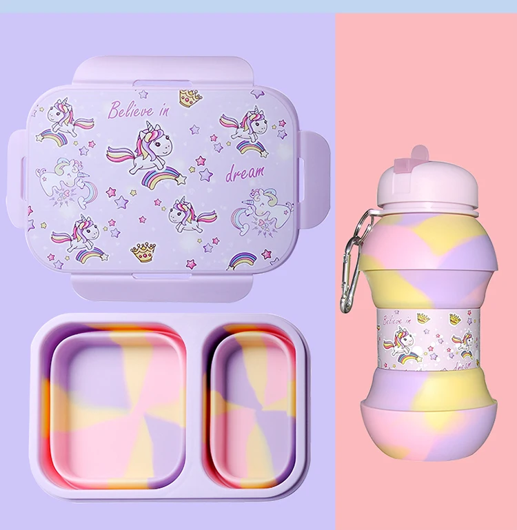 Cute Cartoon Kids Bpa Free Silicone Bento Lunch Box With Water Bottle ...