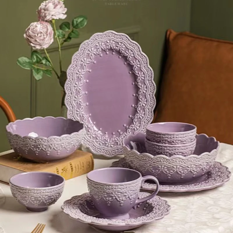 New Baroque Relief Ceramic Tableware European Style Retro Bowls Plates ...