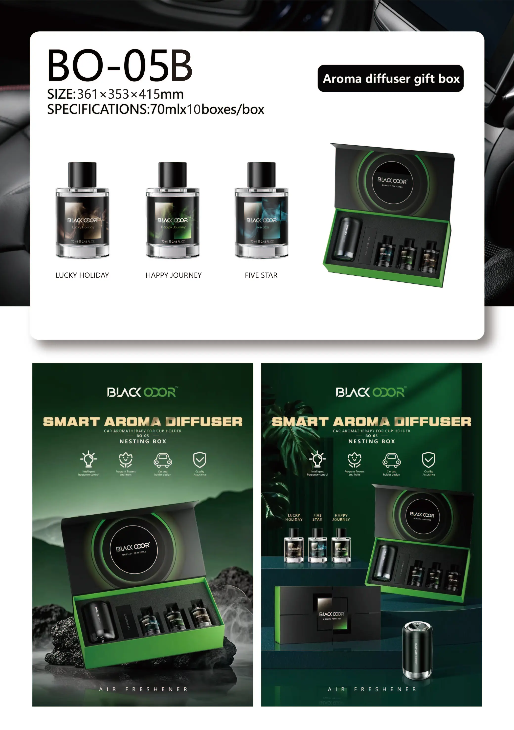 BLACK ODOR BO-05B Aromatherapy Diffuser Gift Set USB Powered Car Air ...