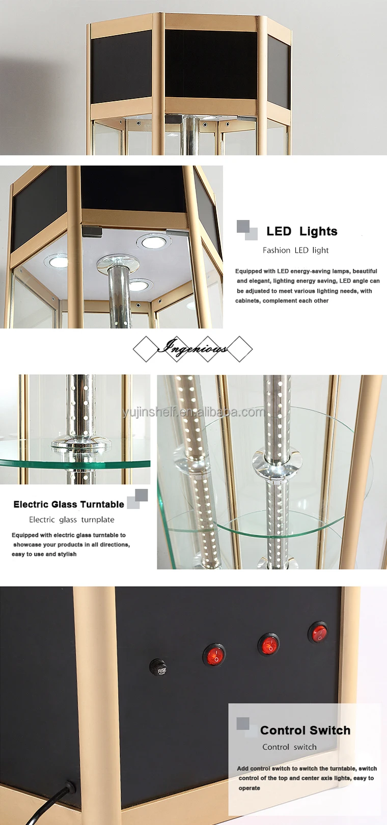 Rotatable LED Glass Display Cabinet with 3 Tempered Glass Shelves ...