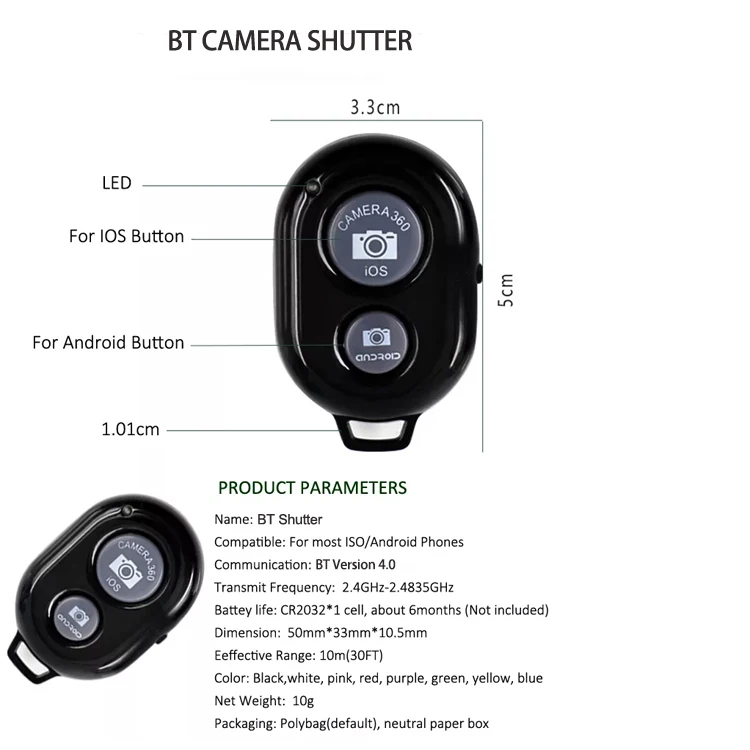 For iPhone Android Phone BT Selfie Button Wireless Camera Remote ...